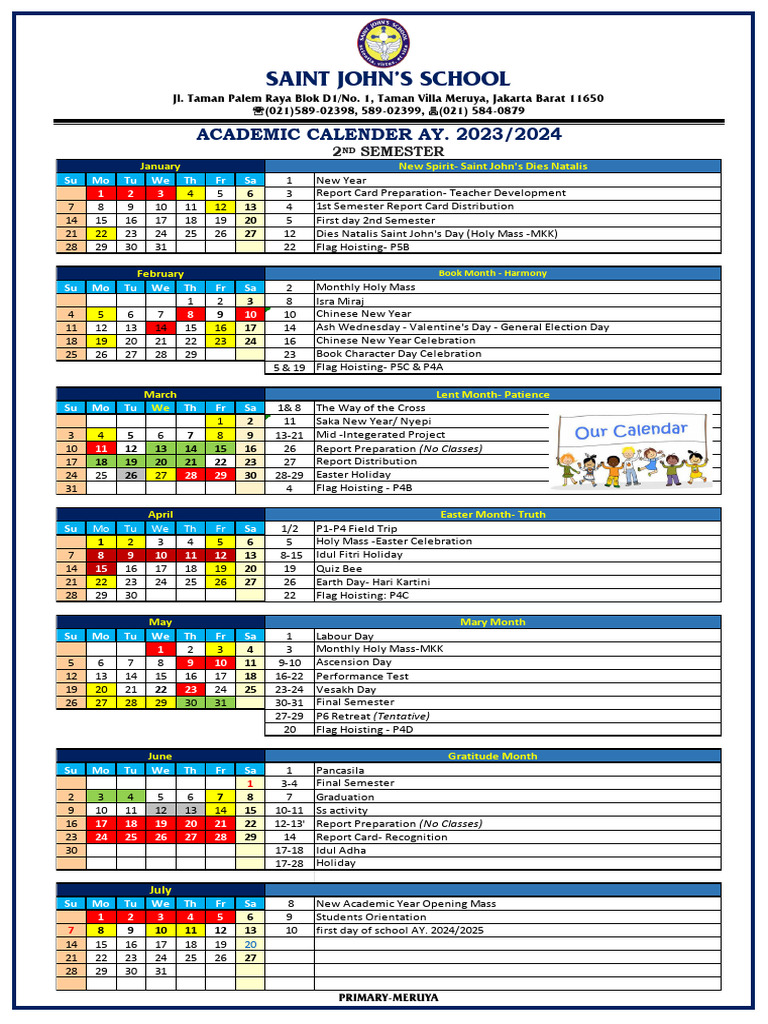 2nd Semester Calendar AY. 2023-2024-Primary Meruya | PDF