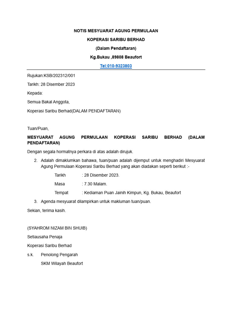 Notis Mesyuarat Agung Permulaan Saribu | PDF