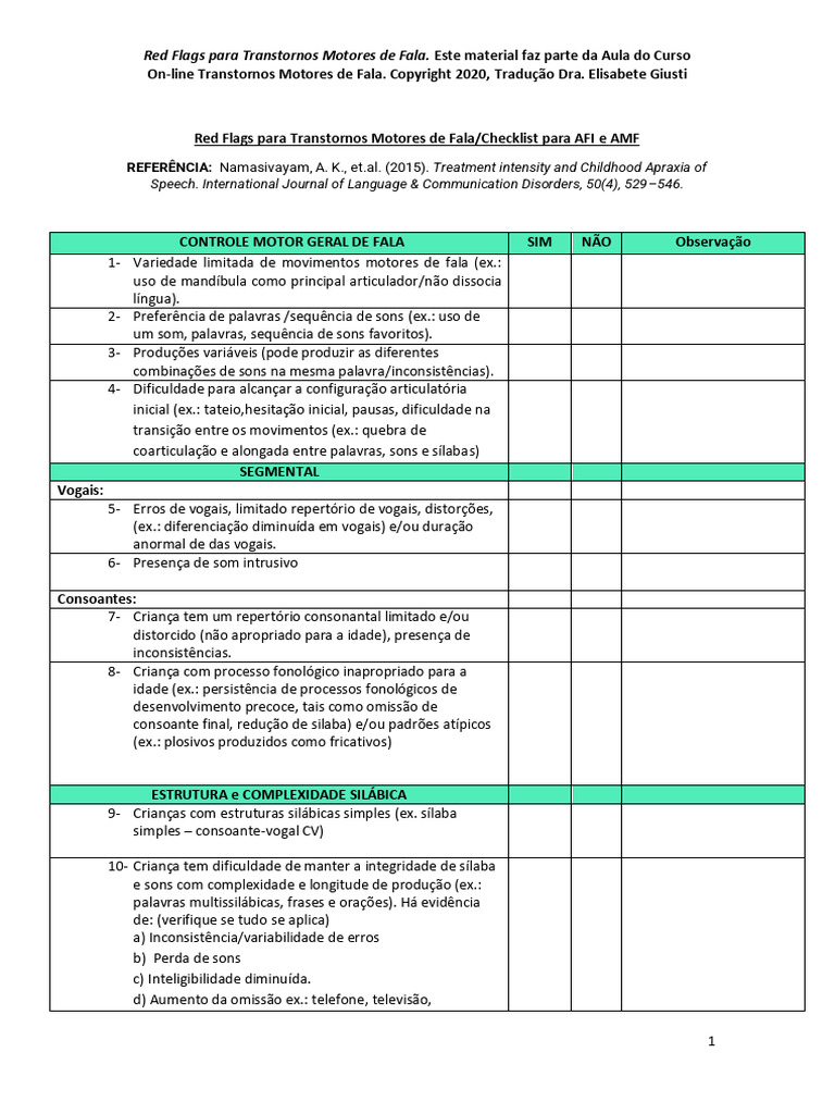 Anexo 10 Red Flags para Transtornos Motores de Fala Checklist para Afi e Amf | PDF
