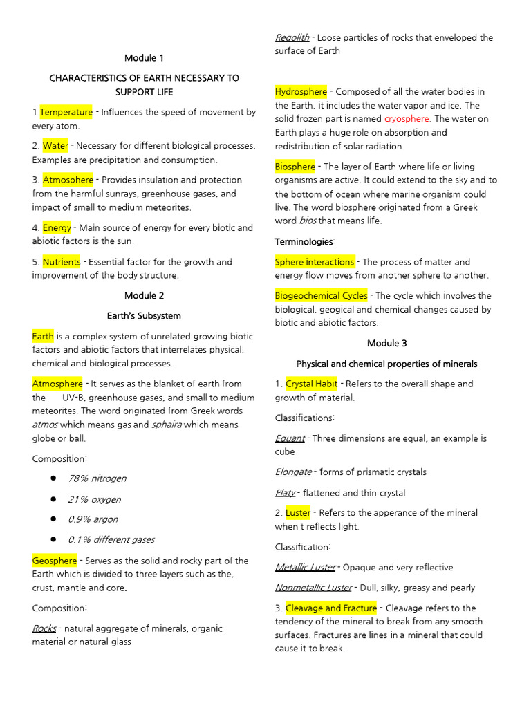Essential Earth Characteristics for Life | PDF | Rock (Geology) | Minerals