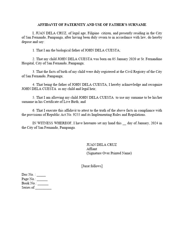Affidavit of Paternity for John Dela Cuesta | PDF | Law