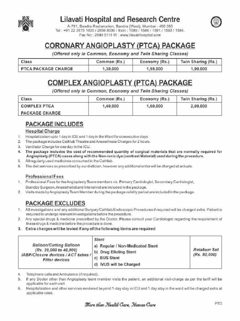 Coronary Angioplasty (PTCA) Package | PDF
