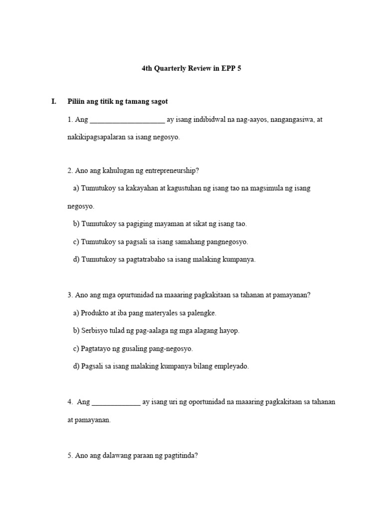 EPP 5 Quiz For Teacher Use (Entepreneurship) | PDF