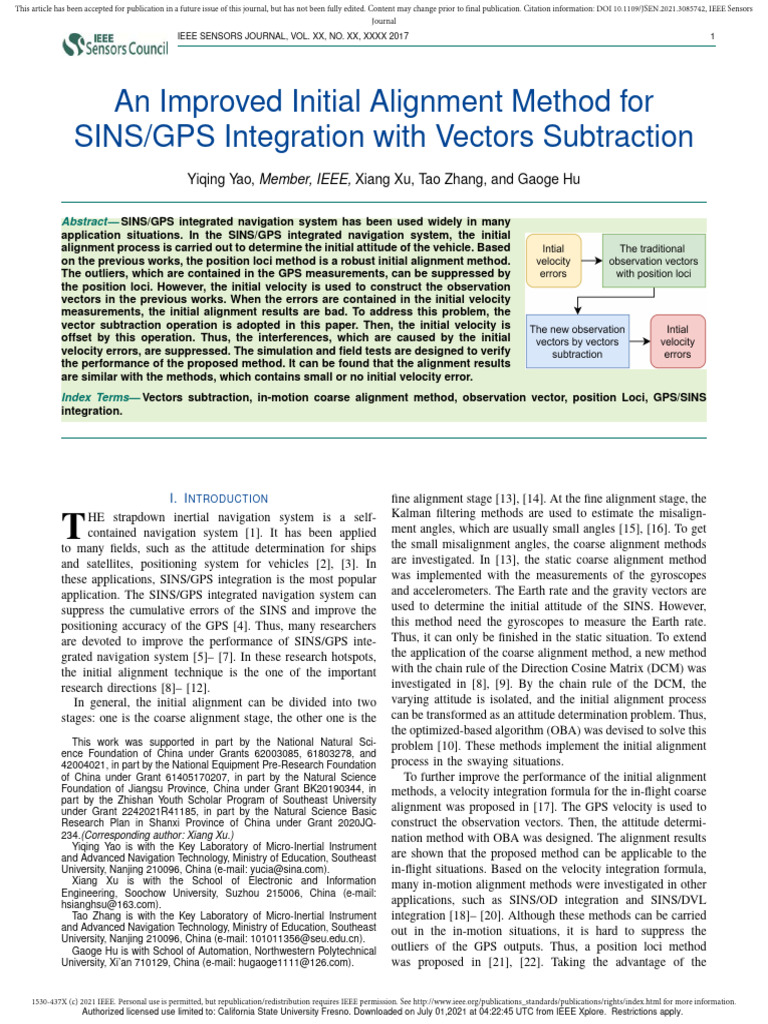 An Improved Initial Alignment Method for SINS-GPS Integration With Vectors Subtraction | PDF