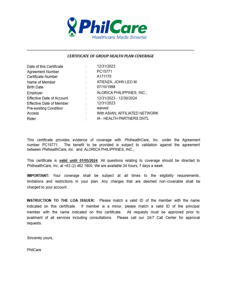 Certificate of Group Health Plan Coverage | PDF
