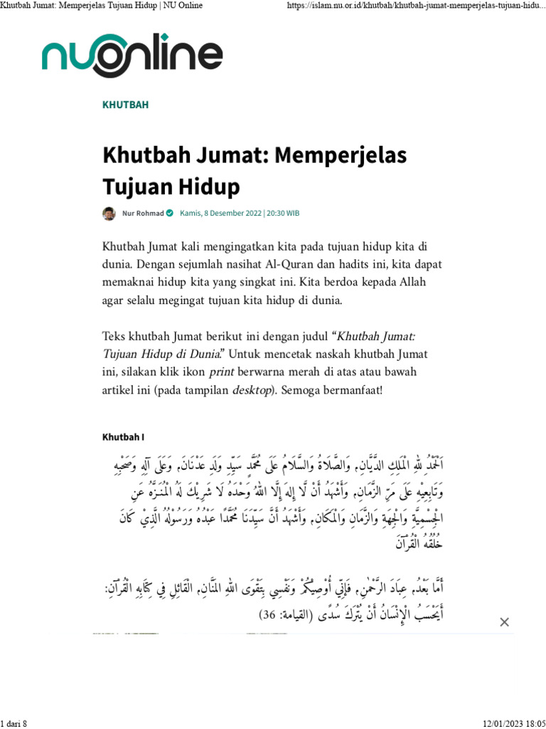 Khutbah Jumat: Tujuan Hidup Manusia | PDF