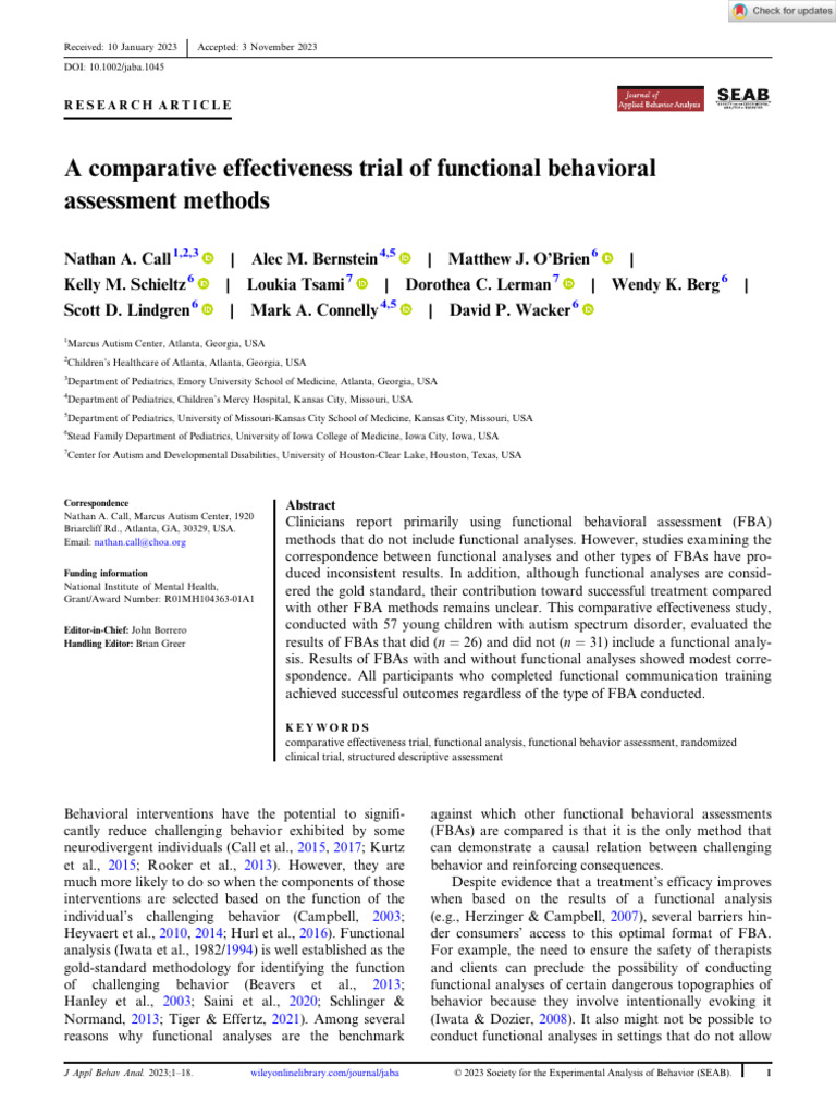 J Of App Behav Analysis 2023 Call A Comparative Effectiveness