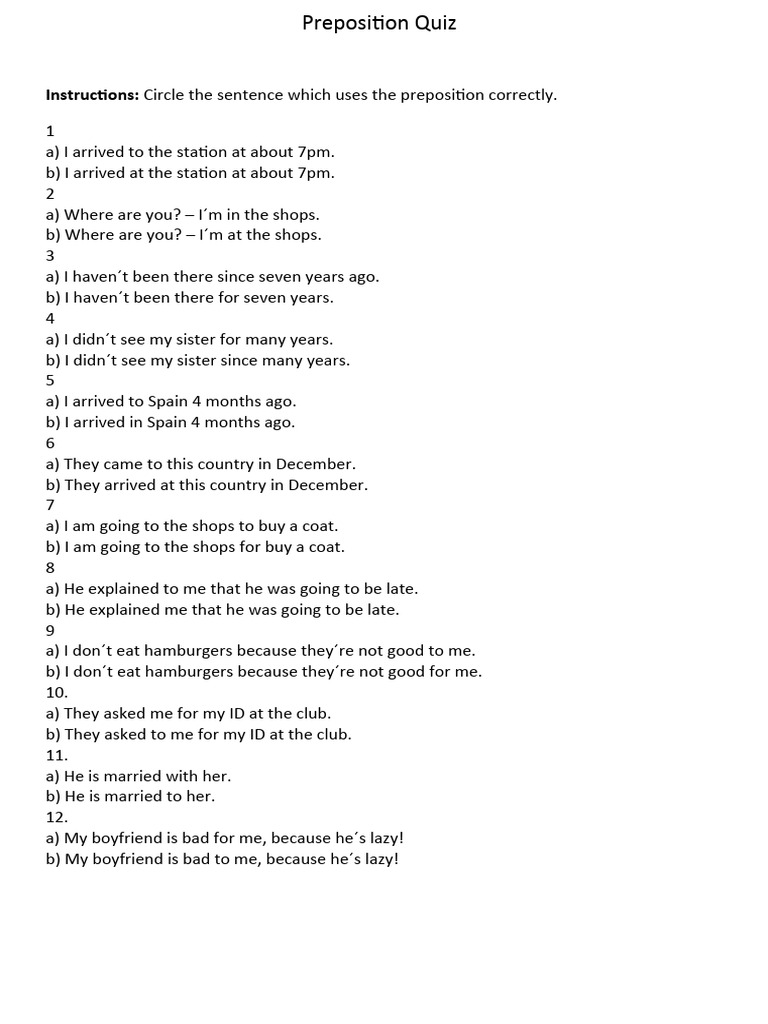 Preposition Quiz | PDF