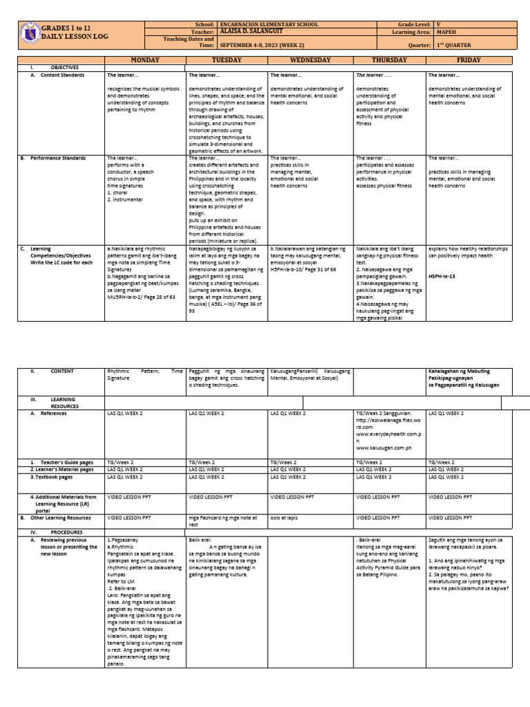 DLL - Mapeh 5 - Q1 - W2 | PDF