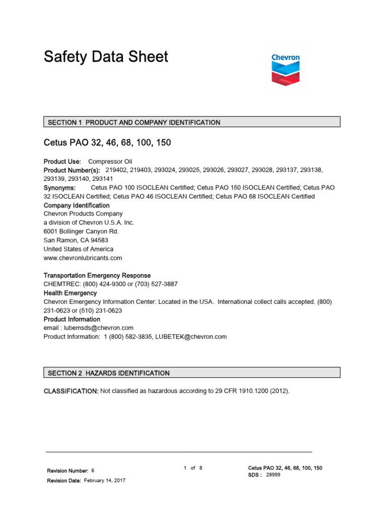 Cetus PAO Compressor Oil Safety Data Sheet | PDF