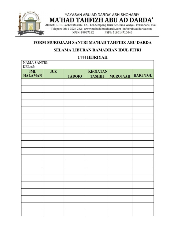 Form Murojaah Santri Ramadhan 1444 | PDF