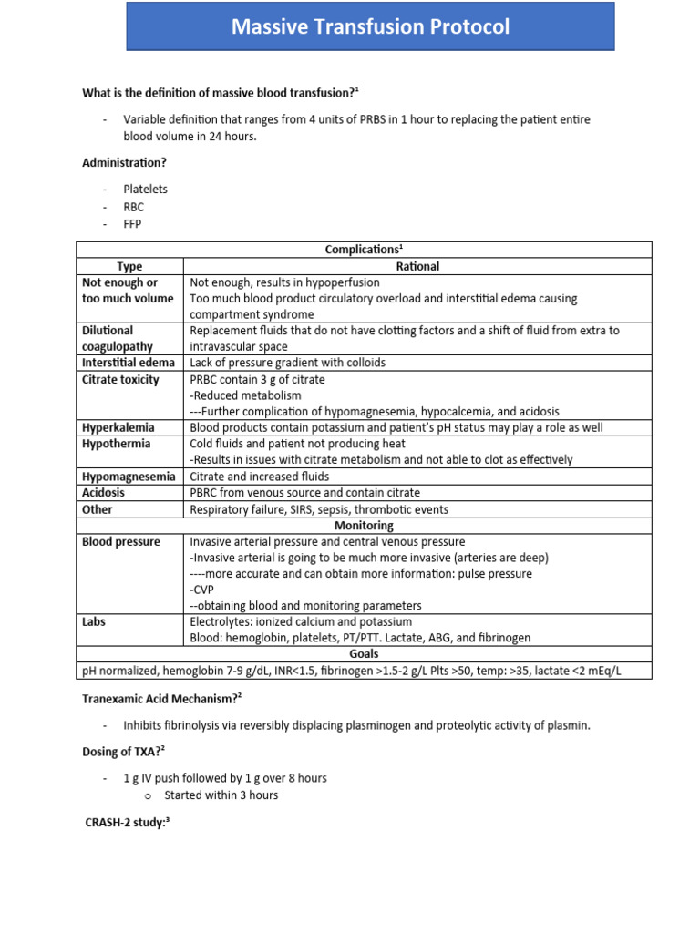 Massive Transfusion Protocol Handout | PDF | Science & Mathematics