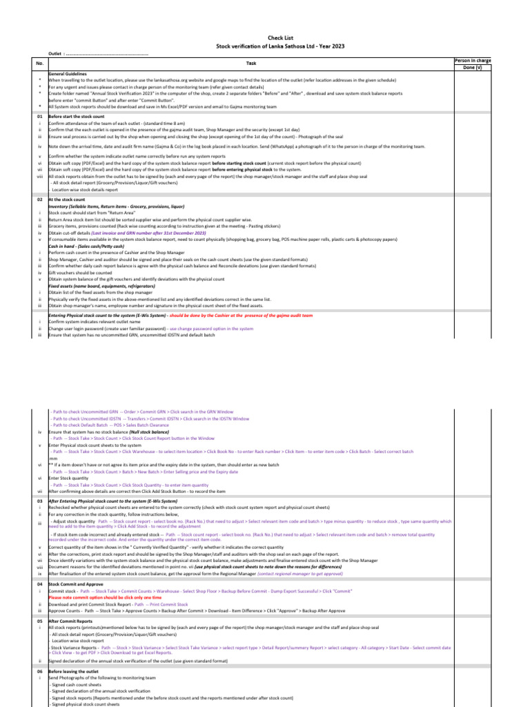 Checklist - Sathosa Stock Count 2023 | PDF