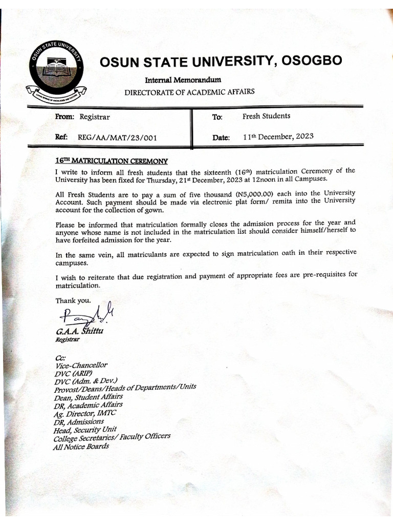 Matriculation Ceremony | PDF