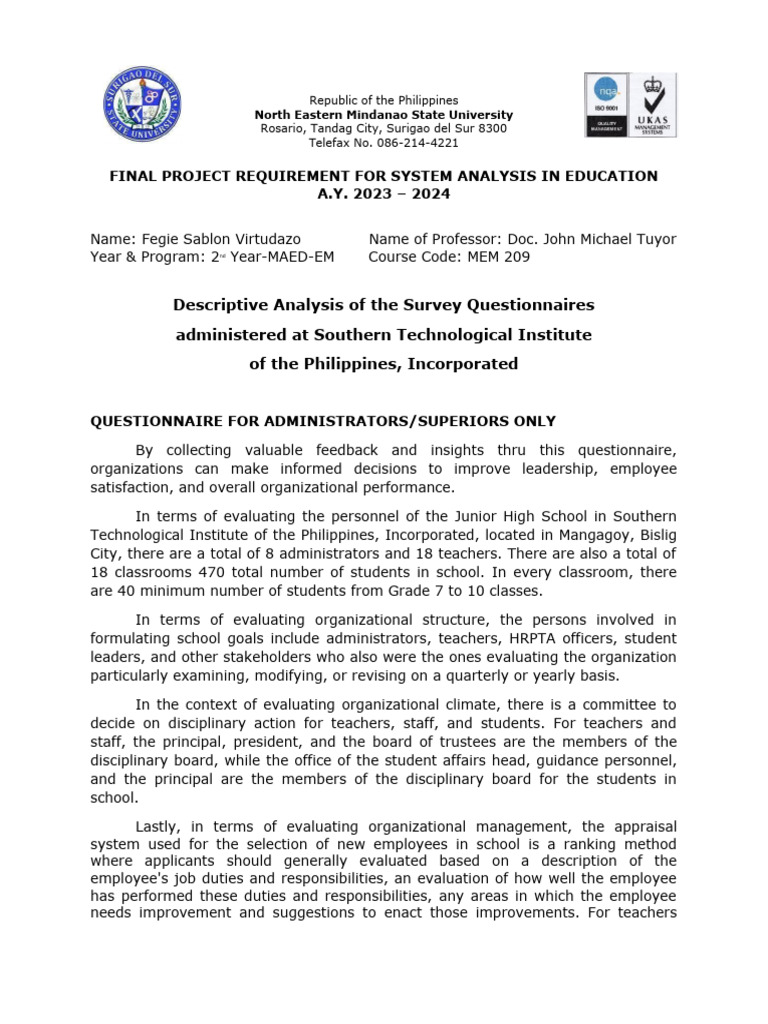 Analysis For Survey Questionnaires | PDF | Goal | Performance Appraisal