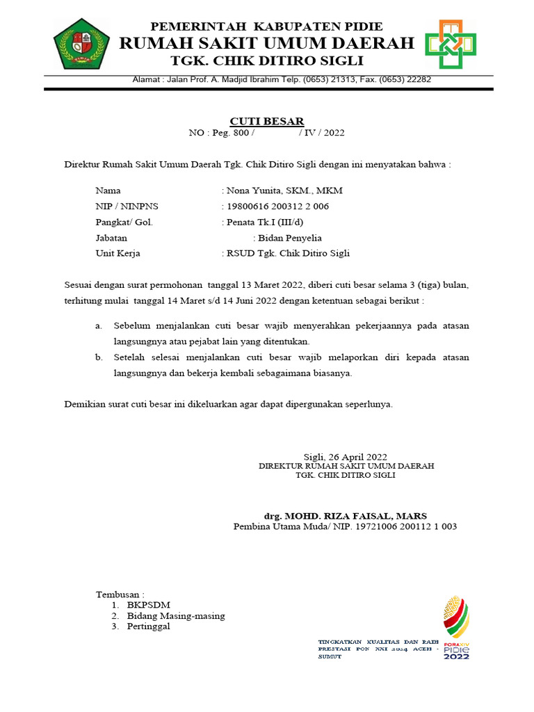 Surat Cuti Besar RSUD Tgk. Chik Ditiro | PDF