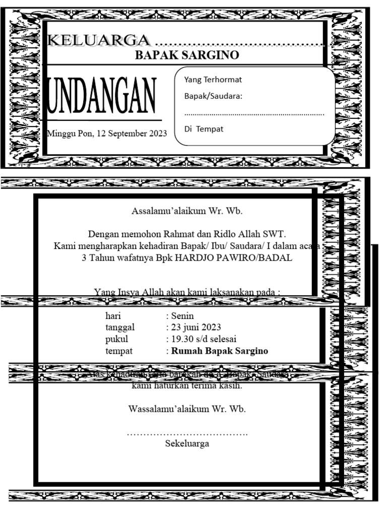 Undangan Tahlil 1 Lembar Isi 2 Undangan Folio | PDF