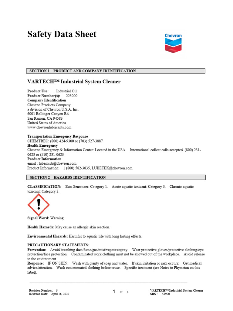 SDS - CH VARTECH™ Industrial System Cleaner | PDF | Safety ...
