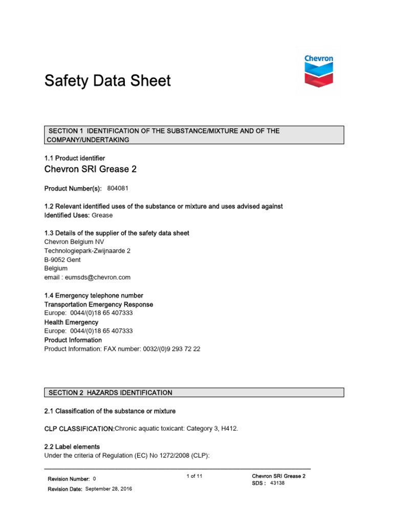 SDS - Chevron SRI Grease 2 | PDF | Toxicity | Dangerous Goods
