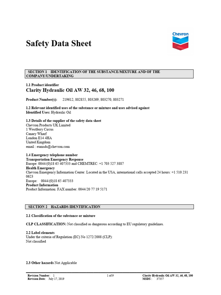 SDS - Clarity Hydraulic Oil AW Series - 32, 46, 68, 100 | PDF