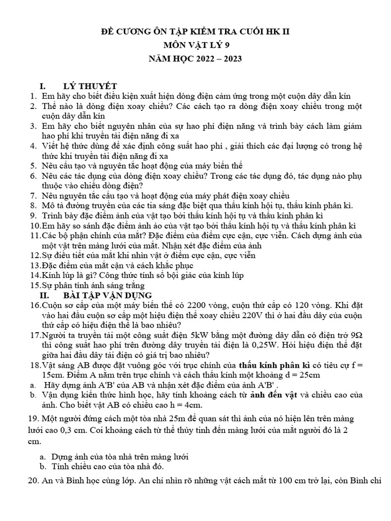 ĐỀ CƯƠNG ÔN TẬP KTĐG CUỐI HKII - LÝ 9 | PDF