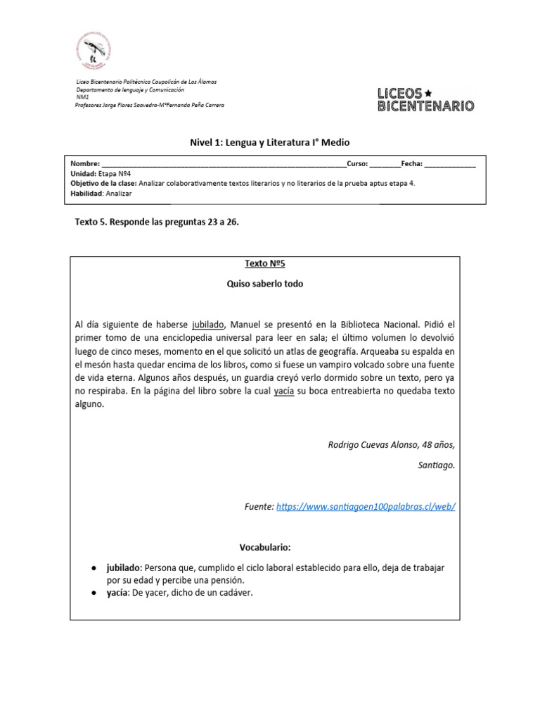 PRUEBA APTUS ETAPA 4 TEXTO 5 y 6 | PDF