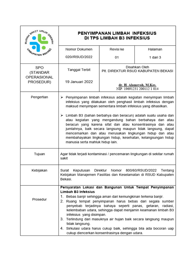 Sop T Penyimpanan Limbah Infeksius Di TPS Limbah B3 Infeksius | PDF