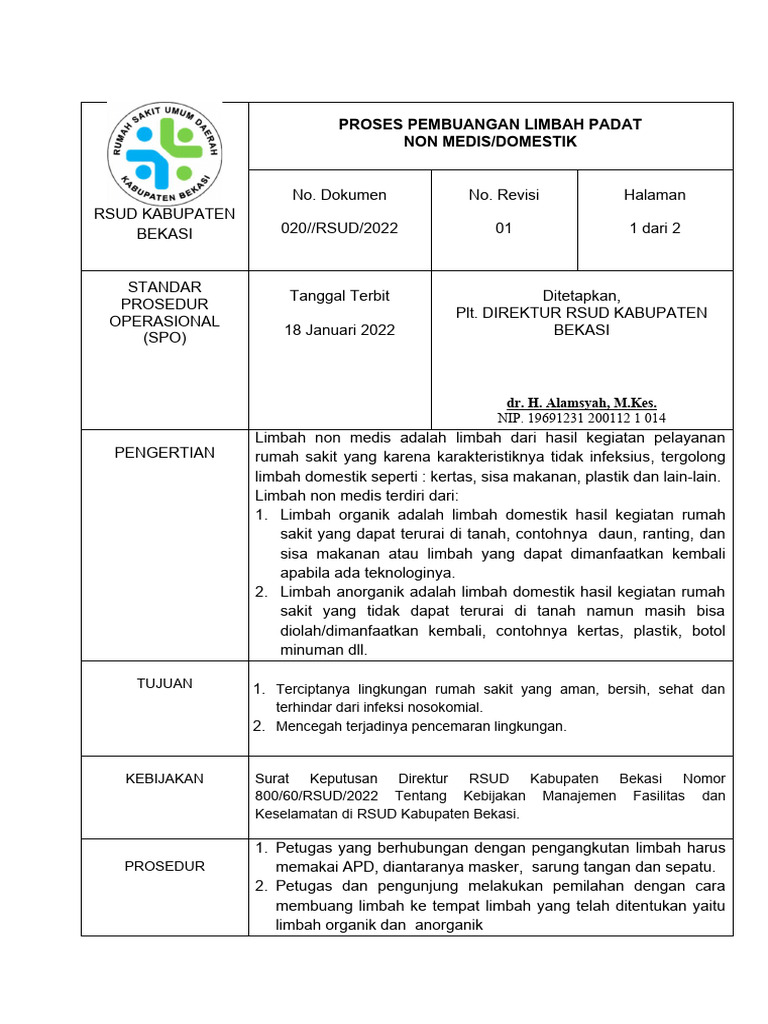 10.SOP Proses Pembuangan Limbah Non Medis Atau Rumah Tangga | PDF | Sains & Matematika