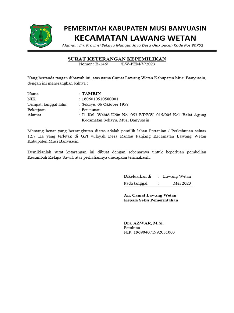 Surat Keterangan Kepemilikan Lahan Pdf