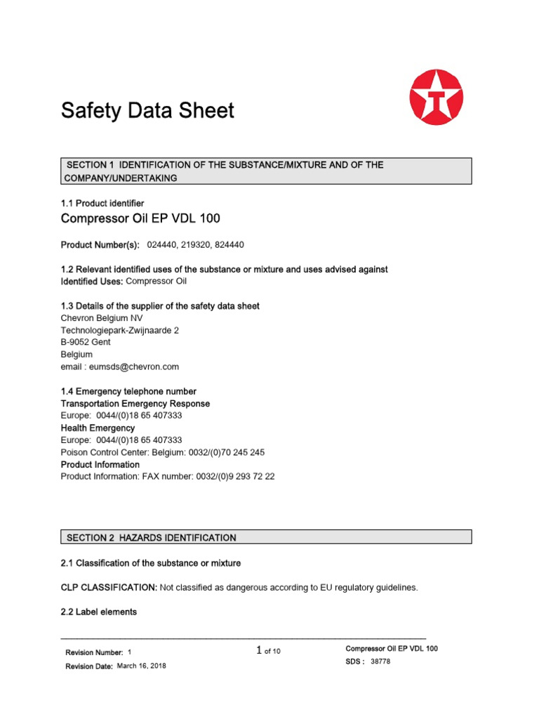 Compressor Oil EP VDL 100 Safety Data | PDF | Toxicity | Dangerous Goods