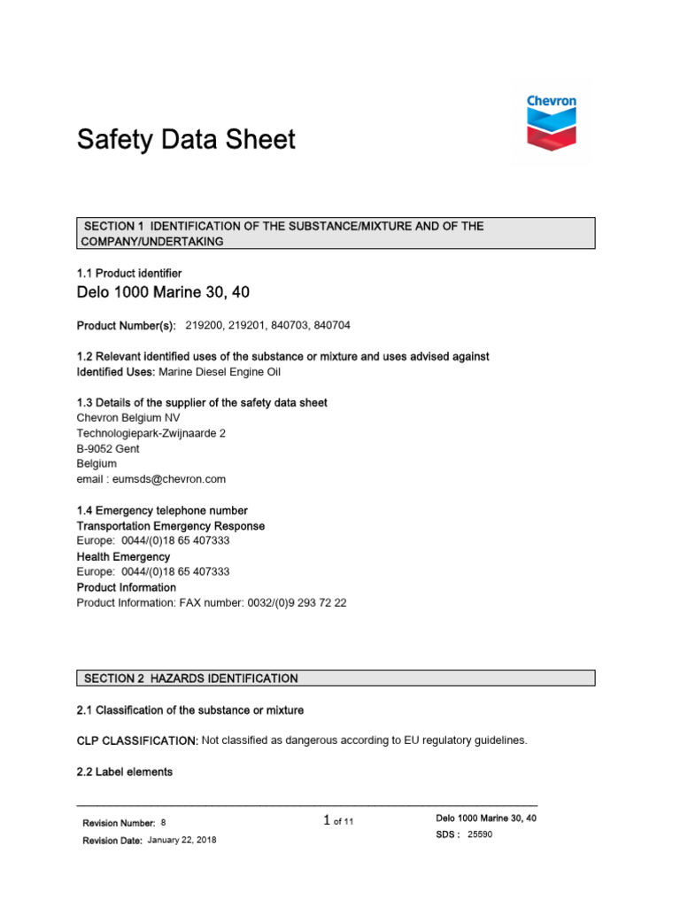 SDS - Delo 1000 Marine 30 - 40 | PDF