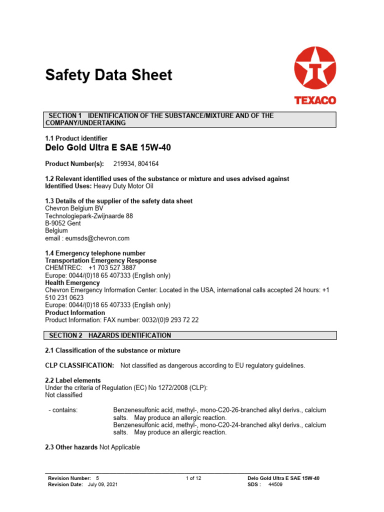 SDS_Delo Gold Ultra E SAE 15W-40 | PDF | Occupational Safety And Health | Chemistry