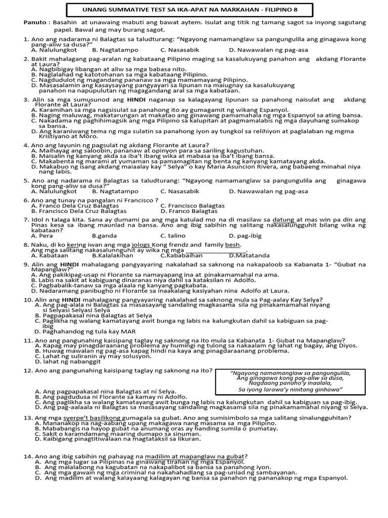 Unang Summative Test Sa Ika Apat Na Markahan Filipino 8 | PDF