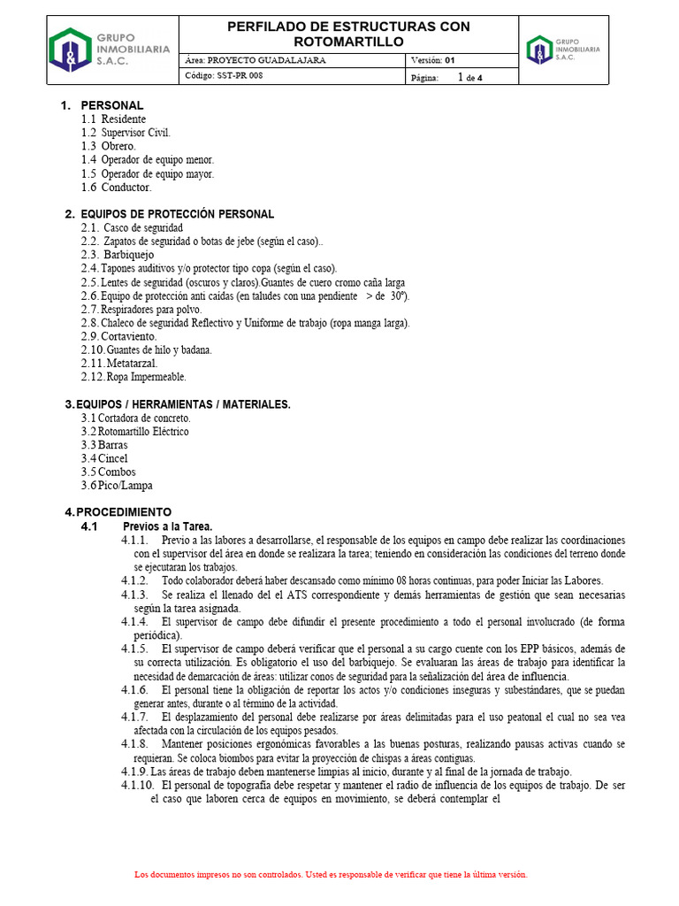 SST-PR 008 Perfilado de Estructuras Con Rotomartillo COBIAN | PDF | Demolición | Hormigón