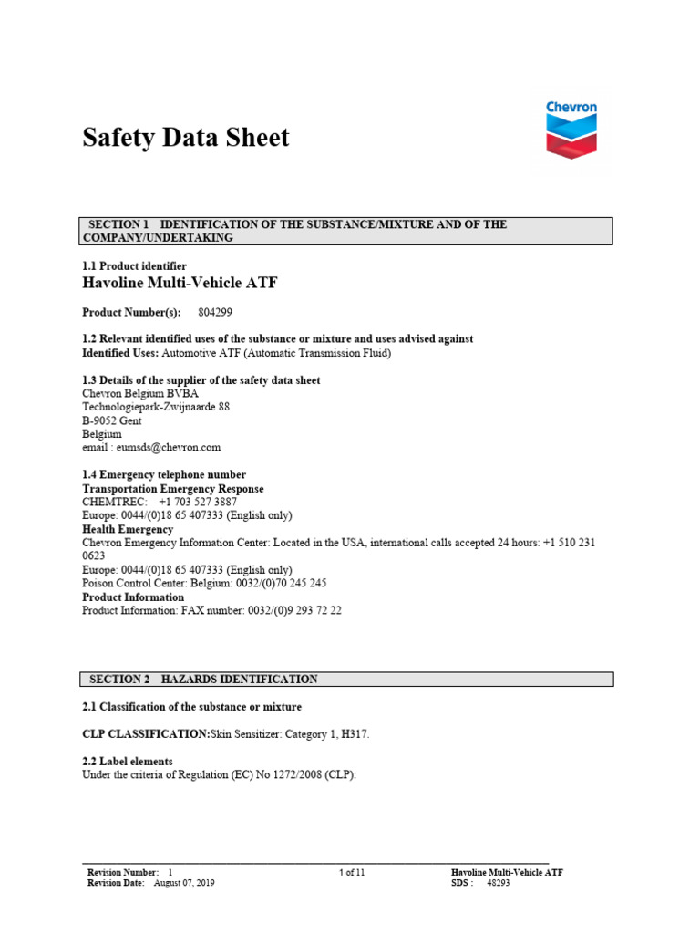 SDS - Havoline Multi-Vehicle ATF | PDF