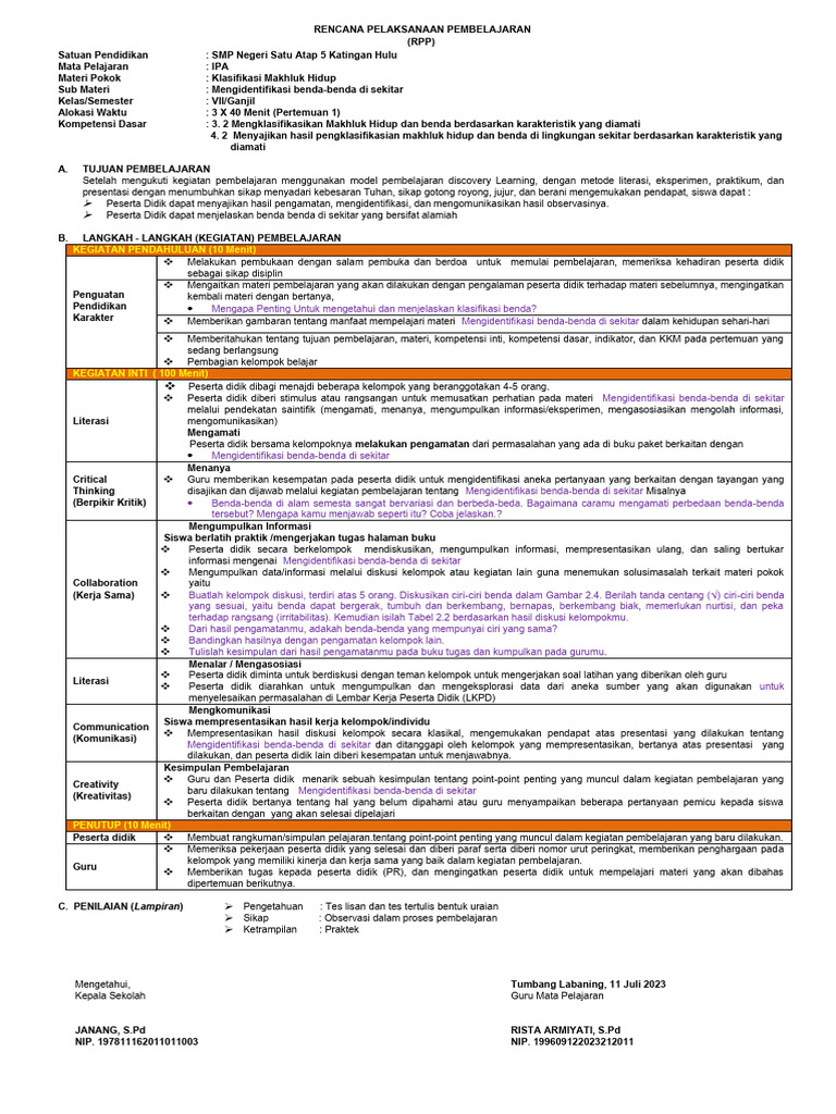 RPP Bab 2 Klasifikasi Makhluk Hidup | PDF