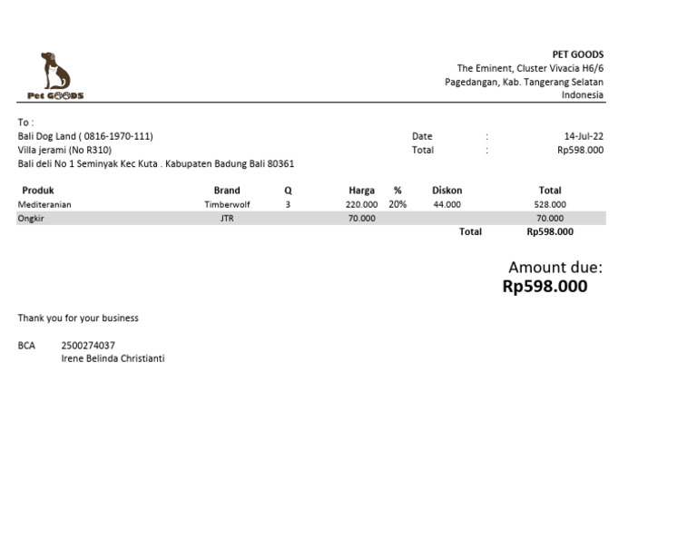Invoice Bali Dog Land 140722 | PDF
