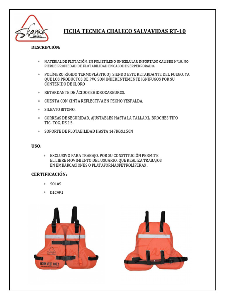 Ficha Tecnica Chaleco Salvavidas RT-10 | PDF