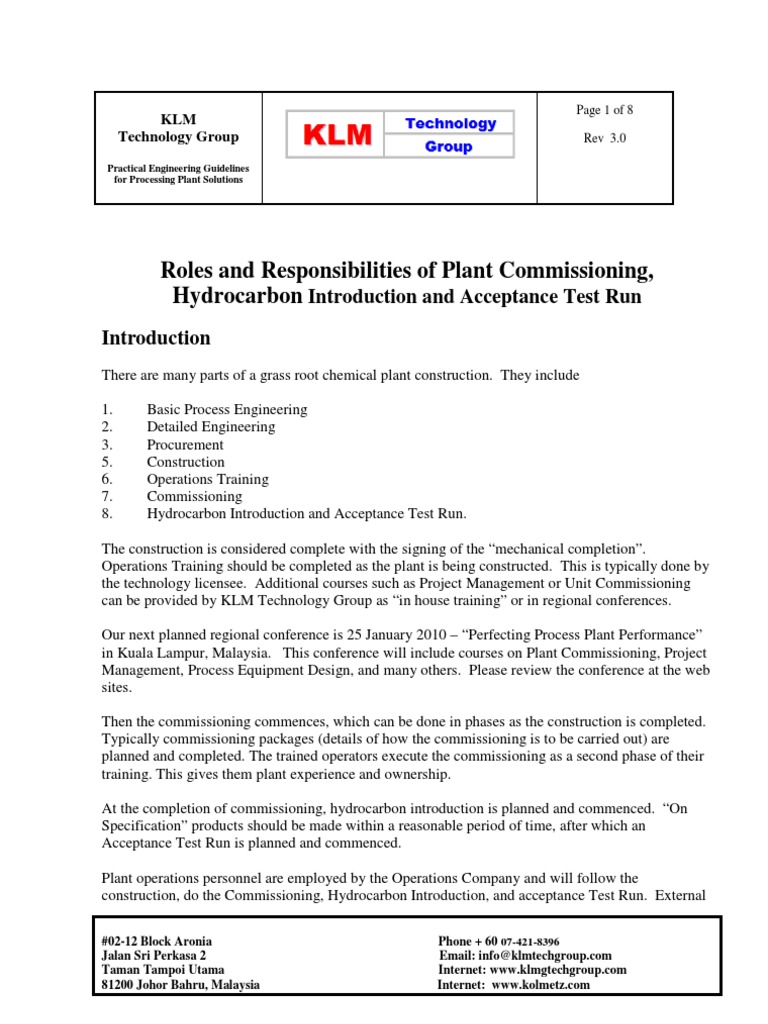 Roles and Responsibilities of Plant Commissioning Rev 3 | PDF