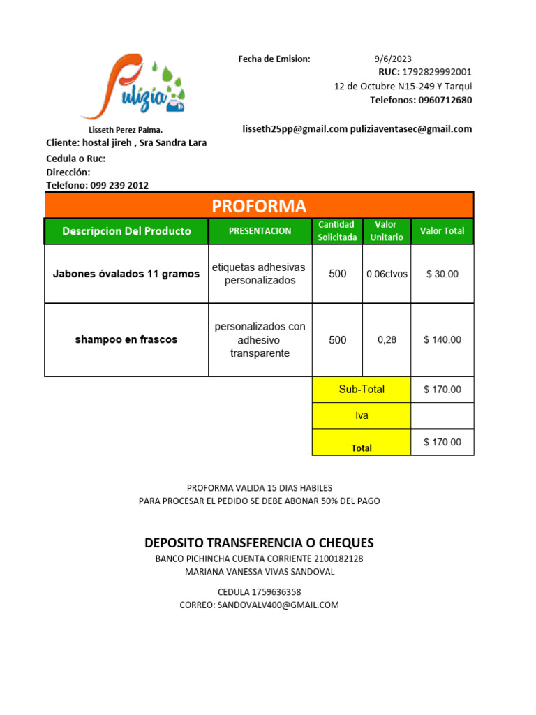 Proforma de Productos para Hostal Jireh | PDF