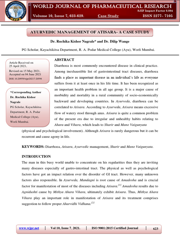 Ayurvedic Management of Atisara-A Case Study: Dr. Ruchika Kishor ...