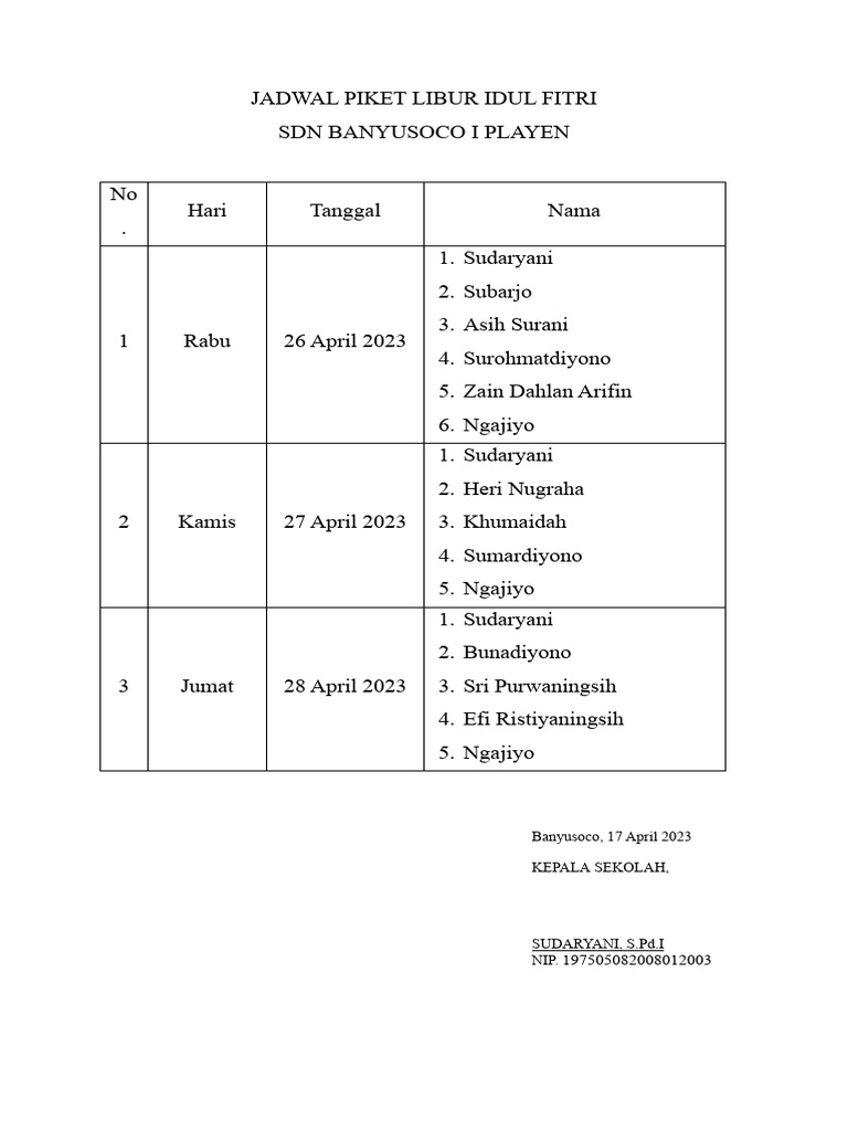 Jadwal Piket Libur Idul Fitri | PDF