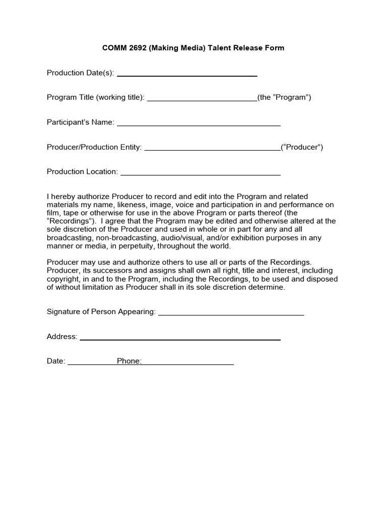 COMM2692 - Talent Release Form 2021 | PDF | Art | Computers