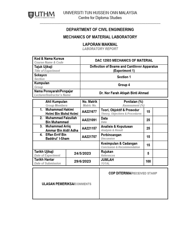 Deflection of Beams Cantilever Apparatus Full Report G4 | PDF
