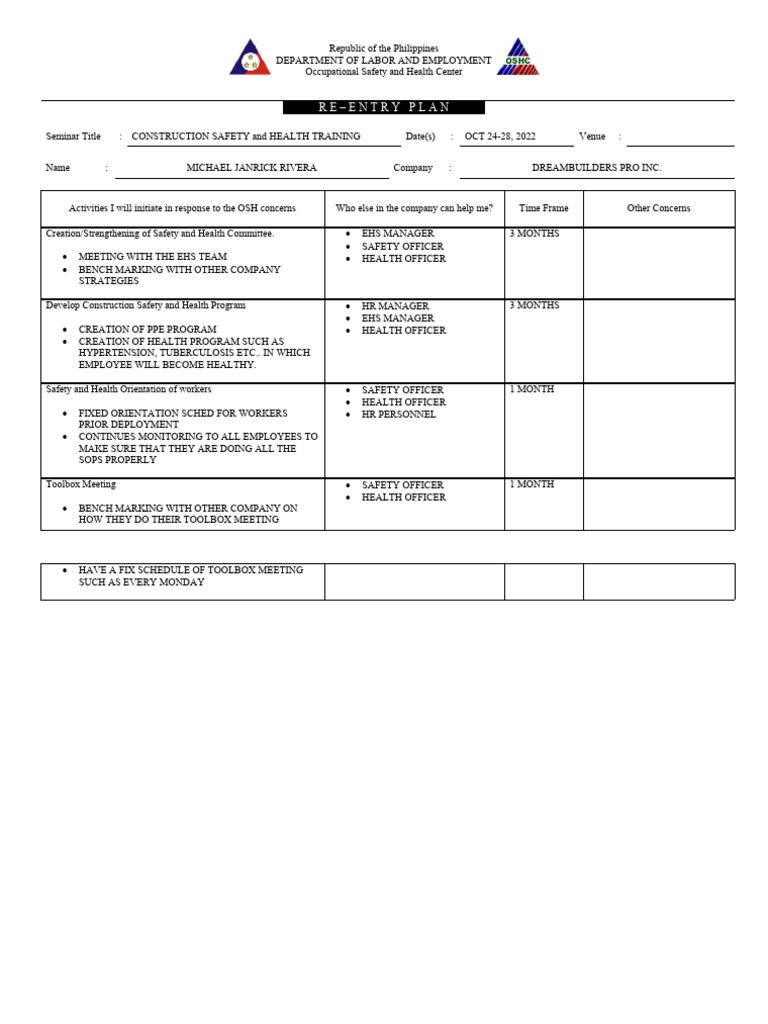 COSH - Re-Entry Plan (MICHAEL JANRICK RIVERA) | PDF