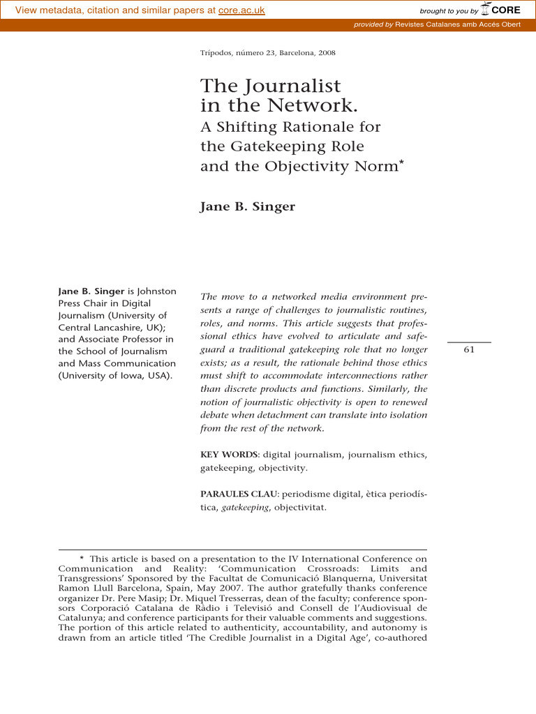 The Journalist in The Network.: A Shifting Rationale For The Gatekeeping Role and The ...