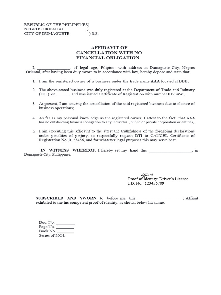 Affidavit of Cancellation of Business WITH NO FINANCIAL OBLIGATION | PDF