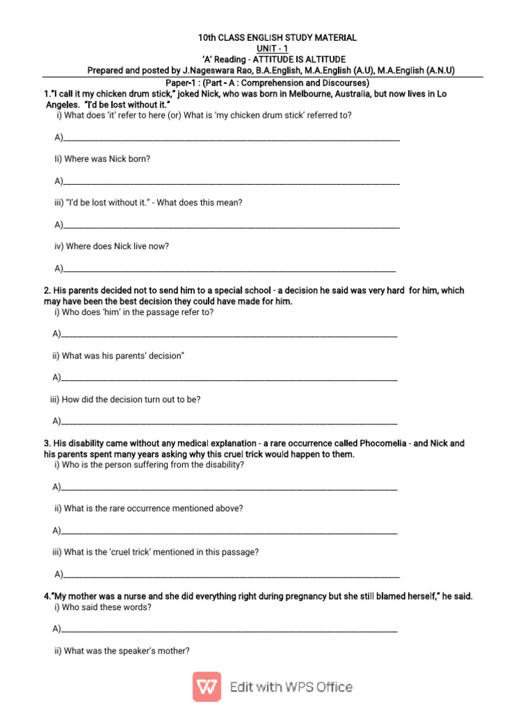 10th English Comprehension (Textual) | PDF