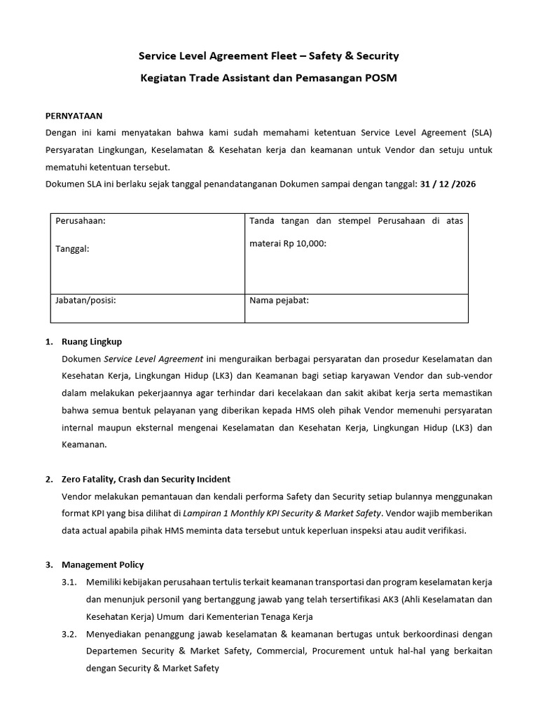 Service Level Agreement Fleet+POSM | PDF