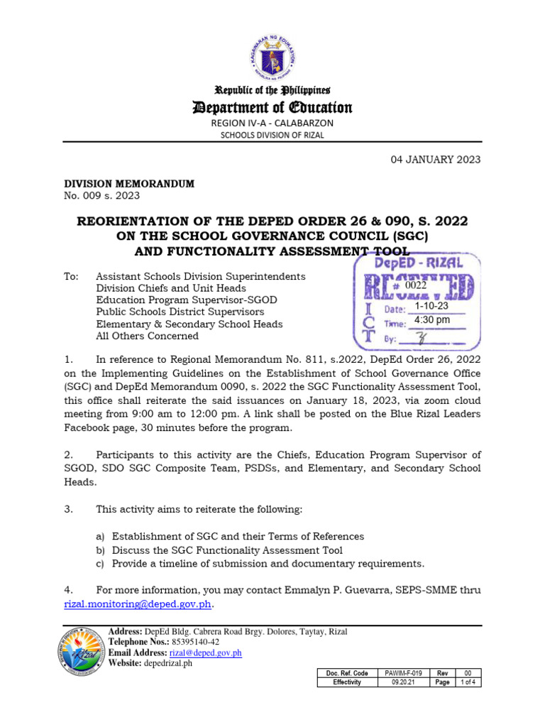 Division Memorandum No. 009 S. 2023 | PDF
